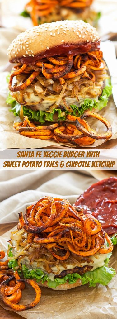 Santa Fe Veggie Burgers with Sweet Potato Fries, Caramelized Onions and ...