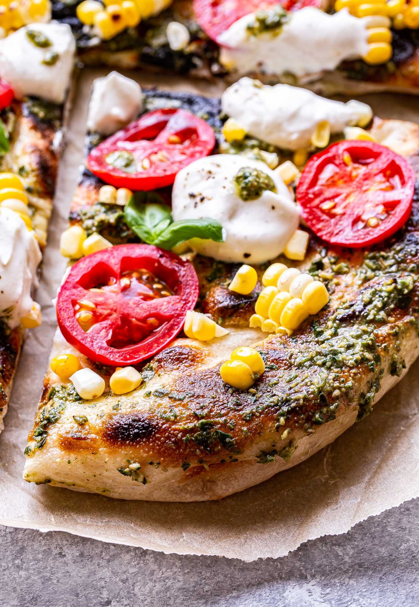 Grilled Corn Tomato and Pesto Pizza - Recipe Runner