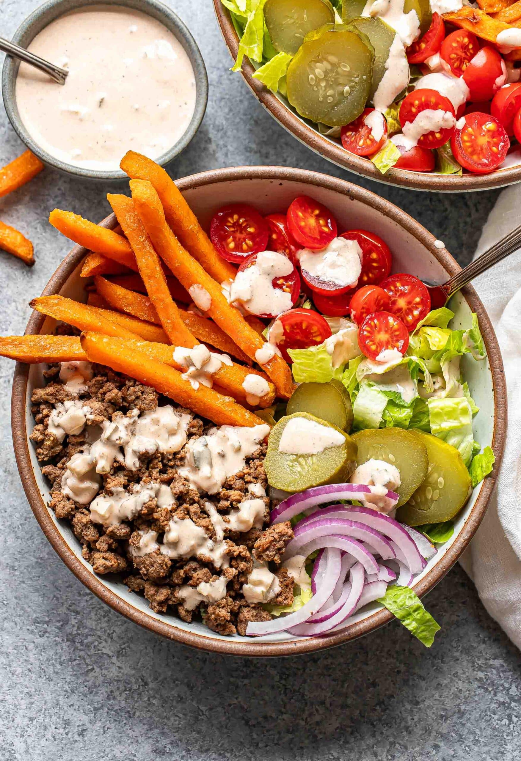 Burger Bowls with Sweet Potato Fries (30-Min Dinner)
