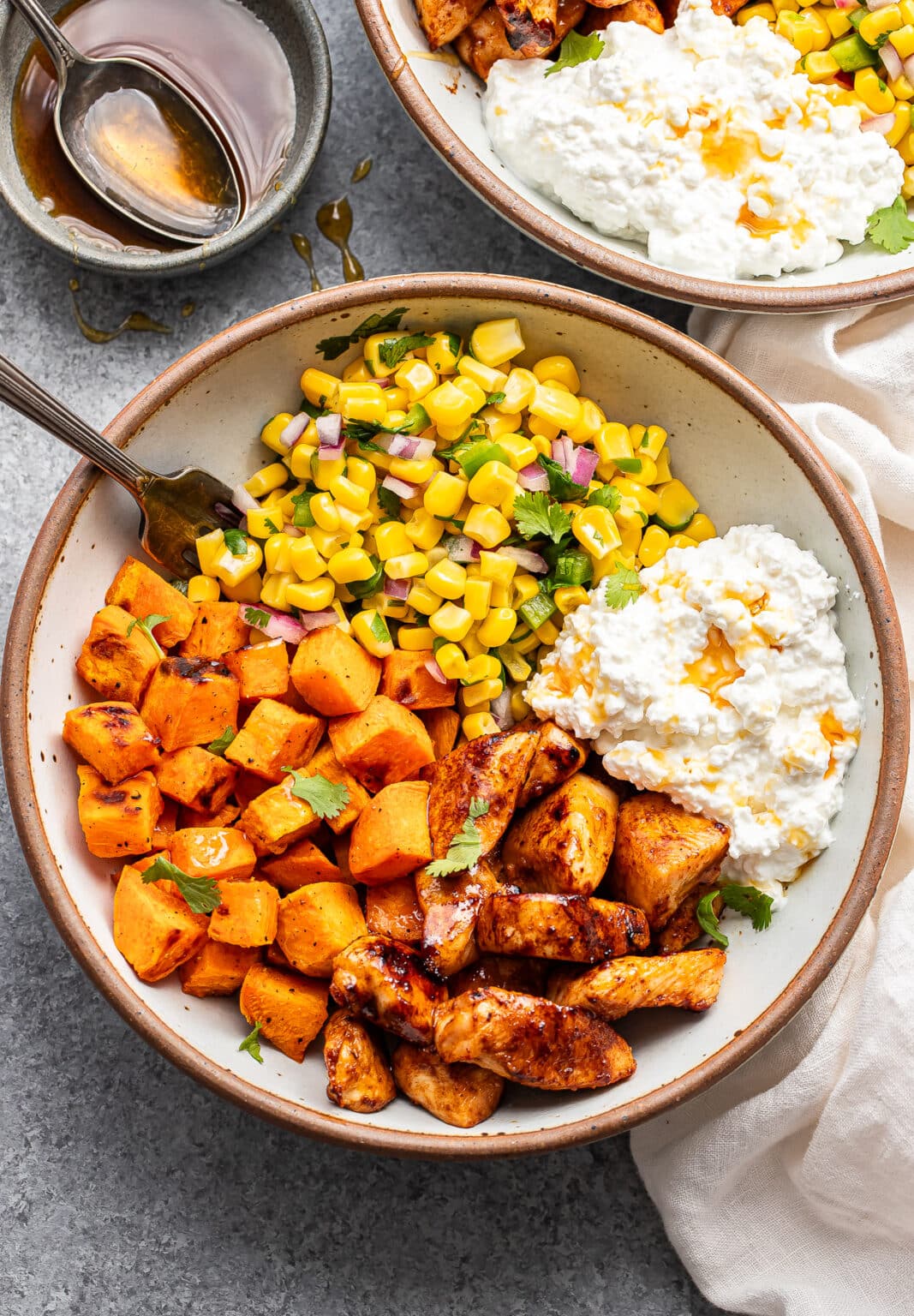Hot Honey Chicken Bowls with Sweet Potatoes and Corn Salsa